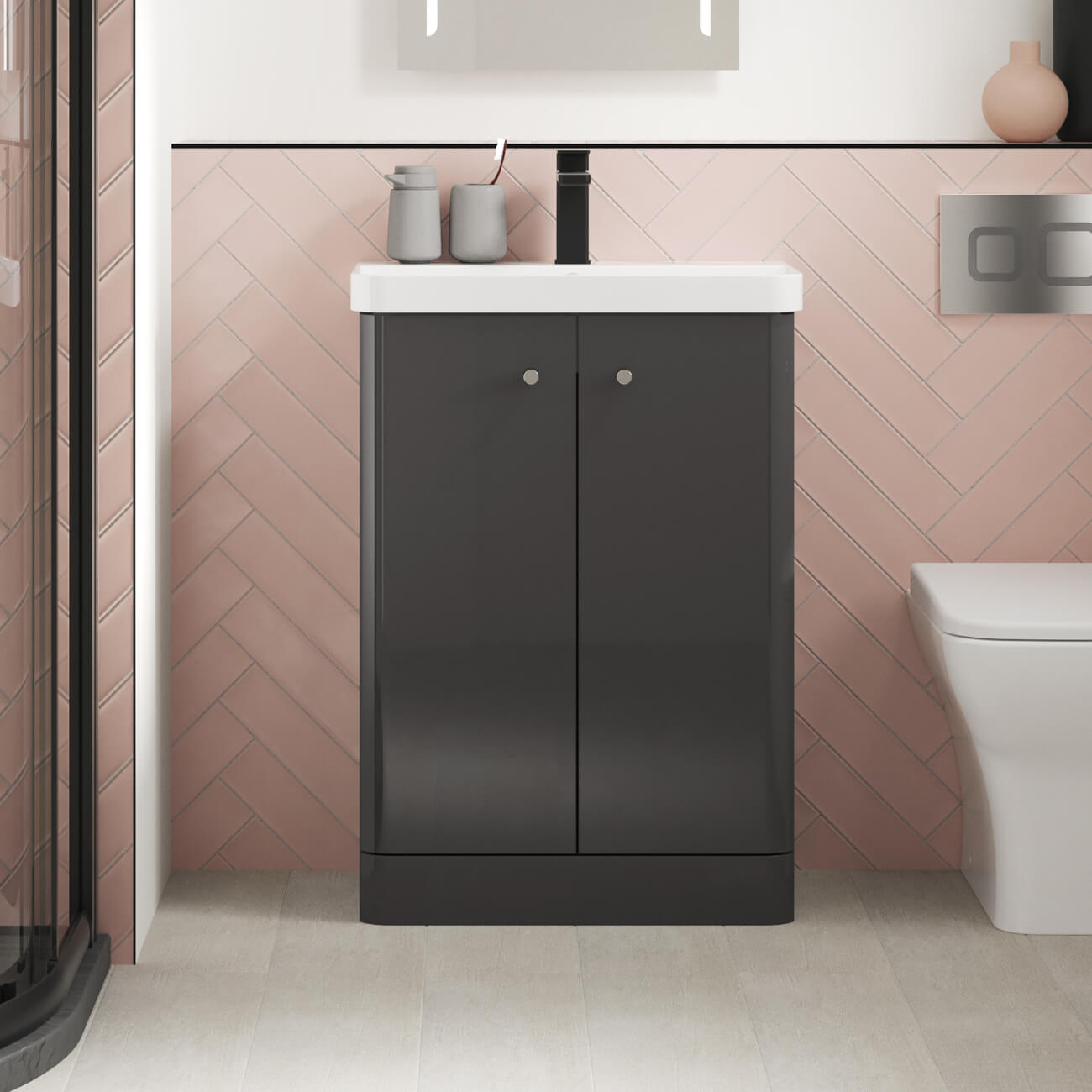 Nuie Core 600 x 335mm Floor Standing Vanity Unit With 2 Doors & Cerami ...