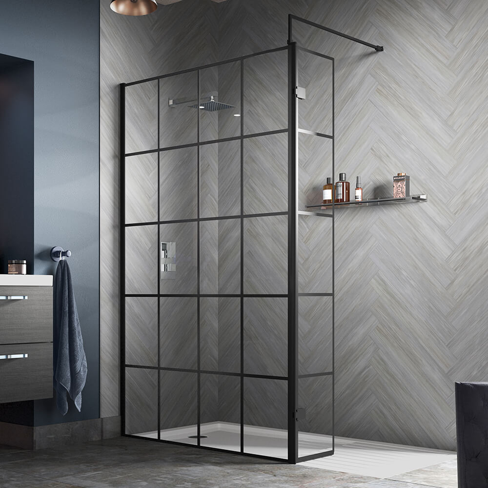 Vista 8mm Matt Black Grid Walk-In Shower Screen With Hinged Return Pan ...